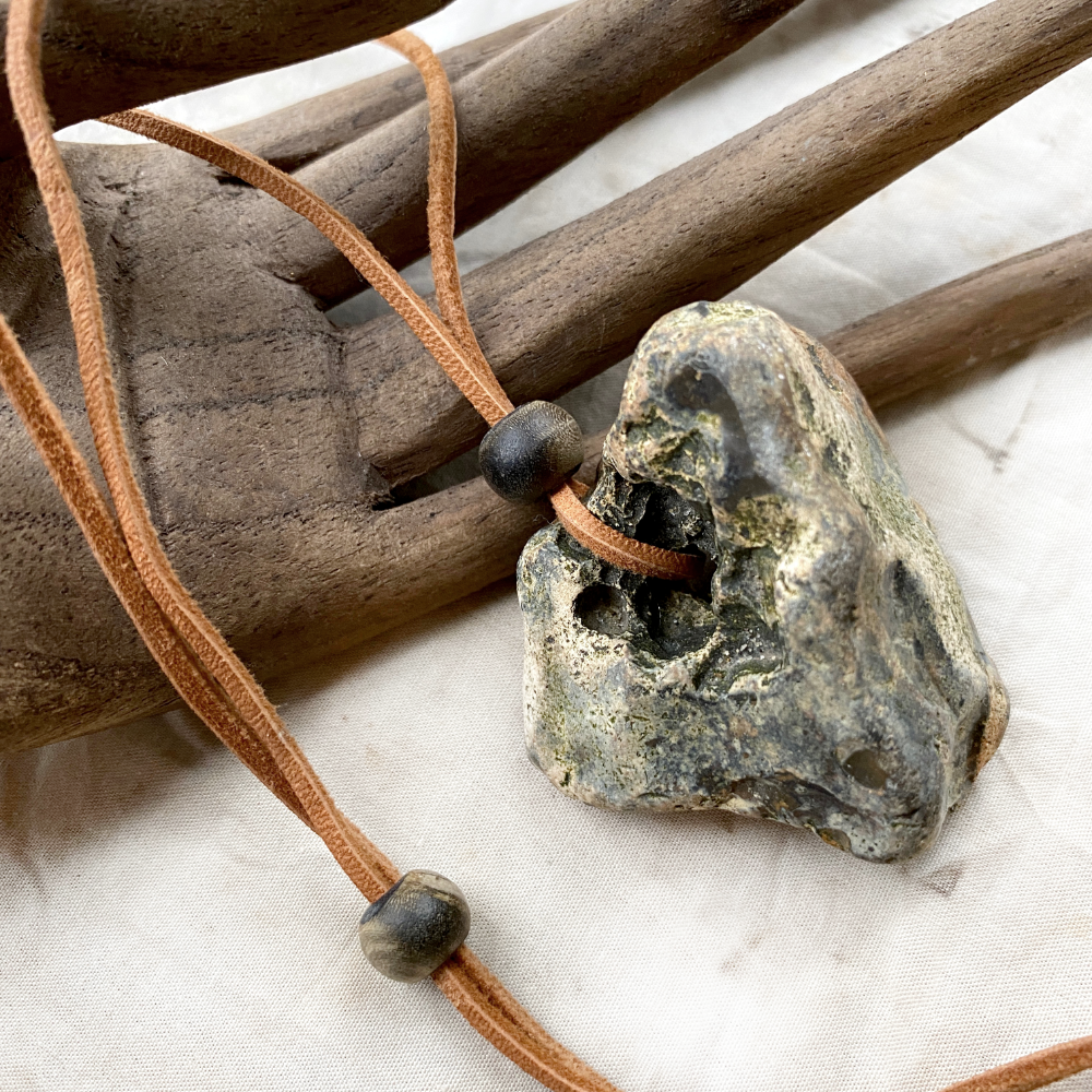 'Ancient Tides' Flint hagstone talisman in leather cord – Spirit Carrier
