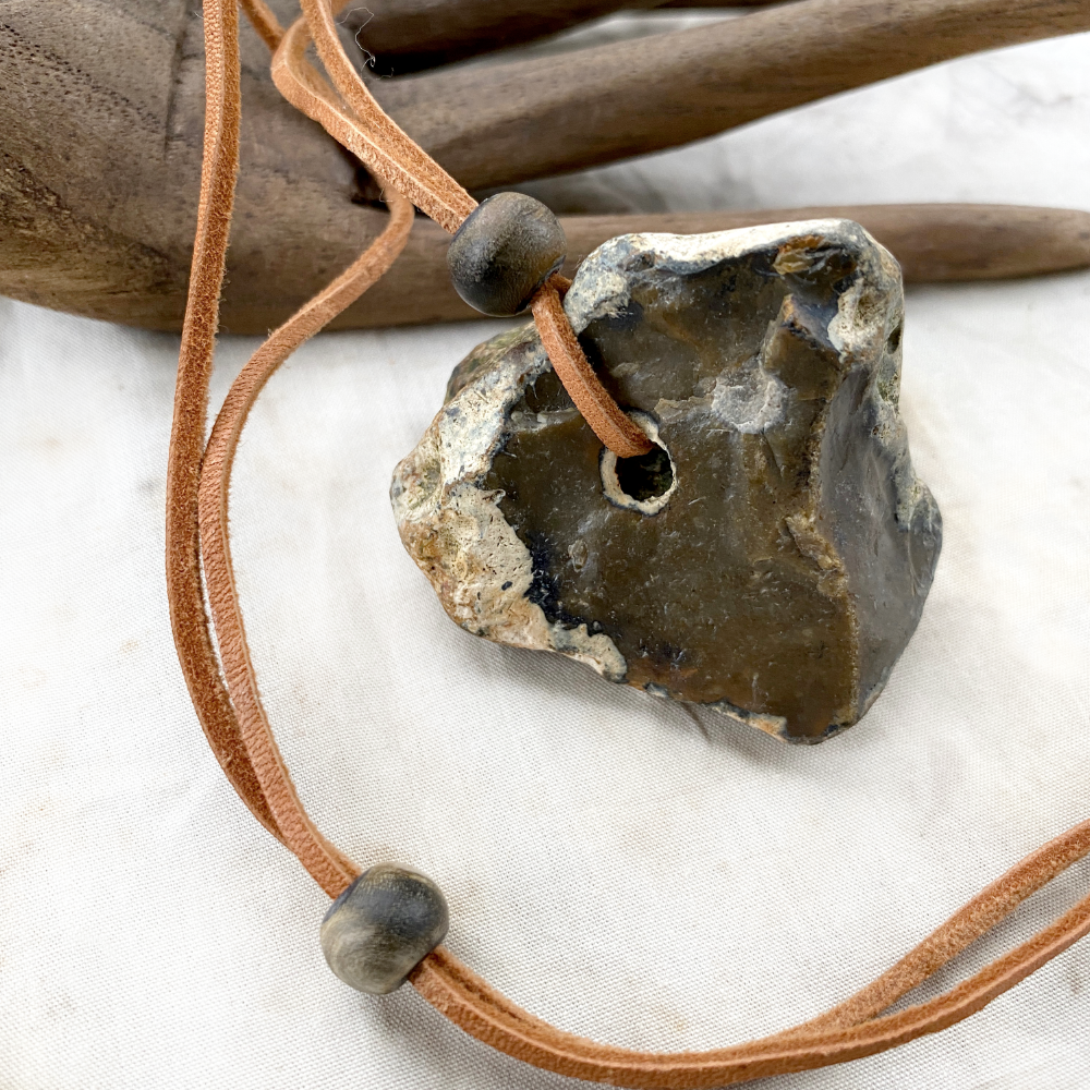 'Ancient Tides' Flint hagstone talisman in leather cord – Spirit Carrier