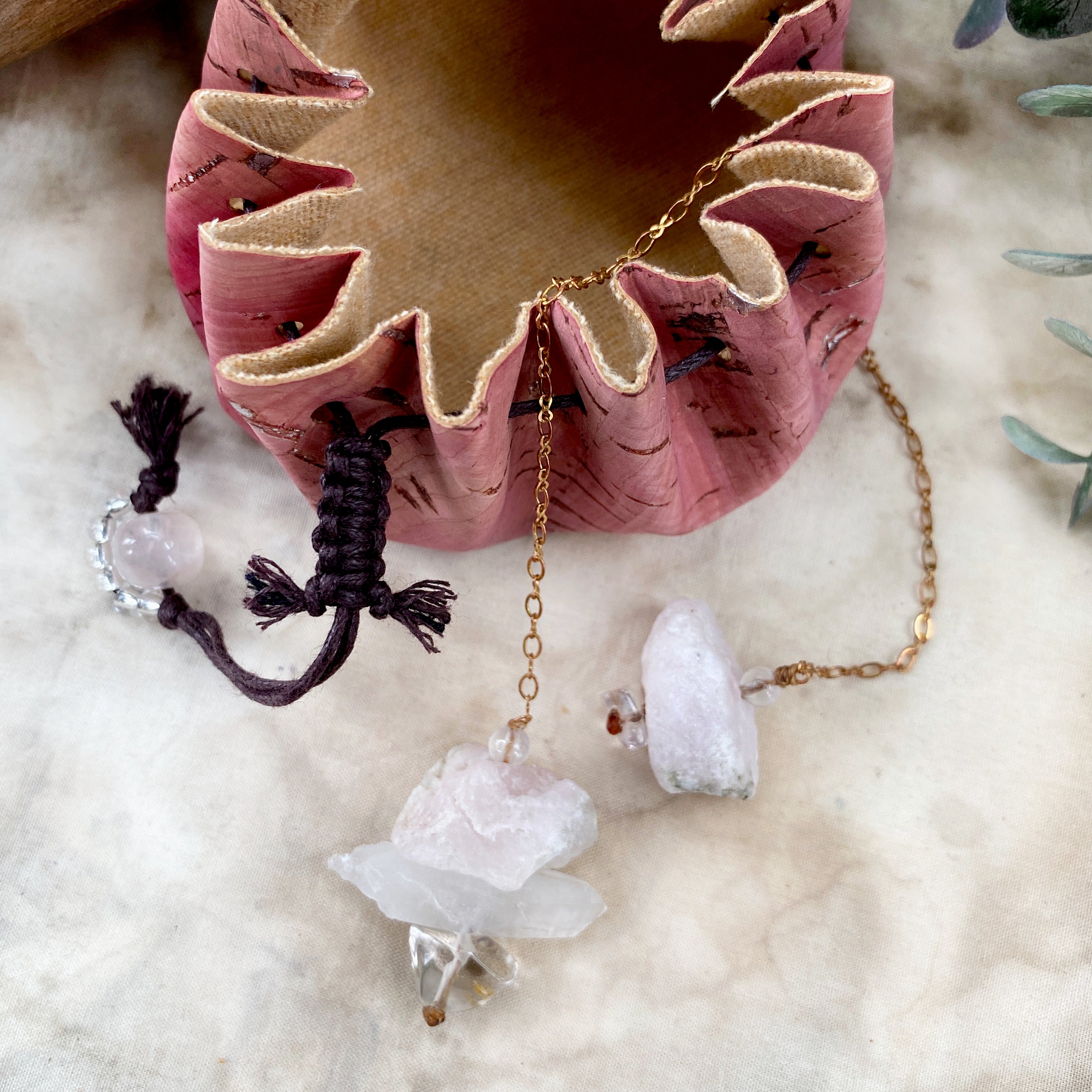 Unique crystal pendulum with pure copper chain & Mangano Calcite handl ...