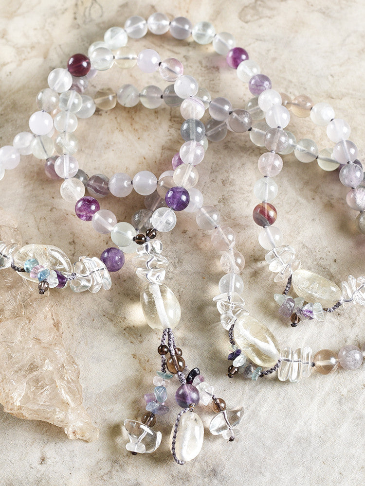 Fluorite mala with Citrine, clear Quartz & Smokey Quartz – Spirit Carrier