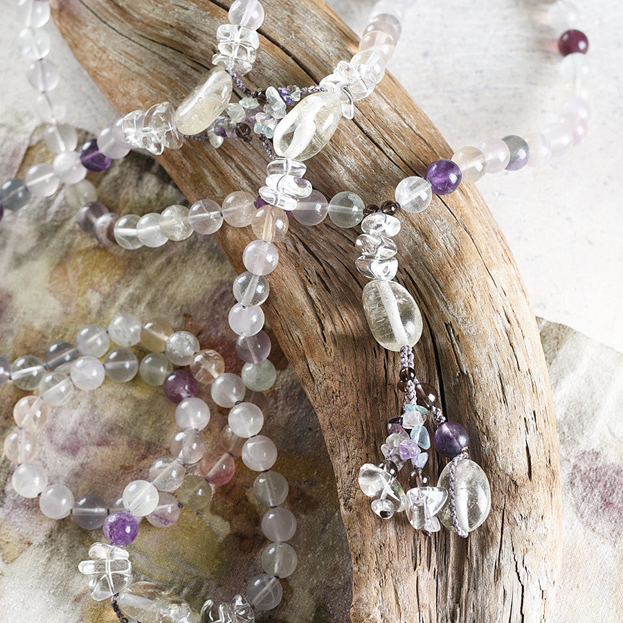 Fluorite mala with Citrine, clear Quartz & Smokey Quartz – Spirit Carrier