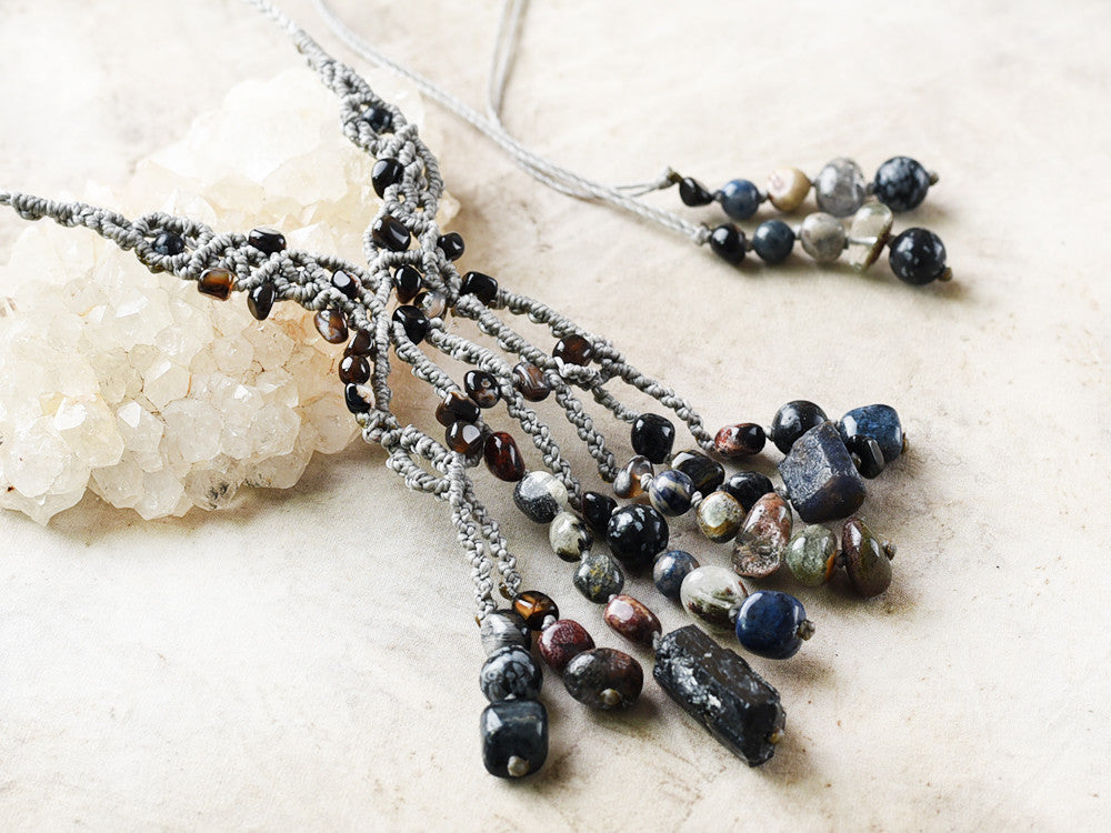 'Seven stone talisman' with Black Tourmaline, Sapphire, Silver Leaf Ja ...