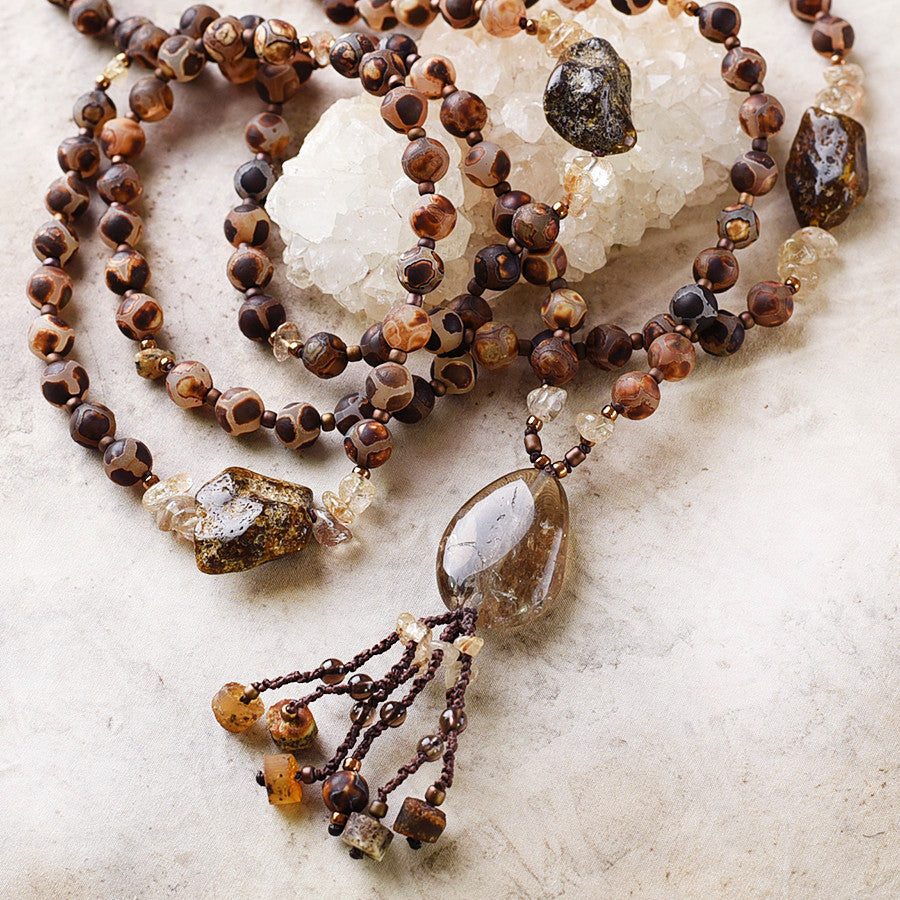 Agate mala with raw Baltic Amber, Gold Rutile Quartz & Smokey Quartz ...