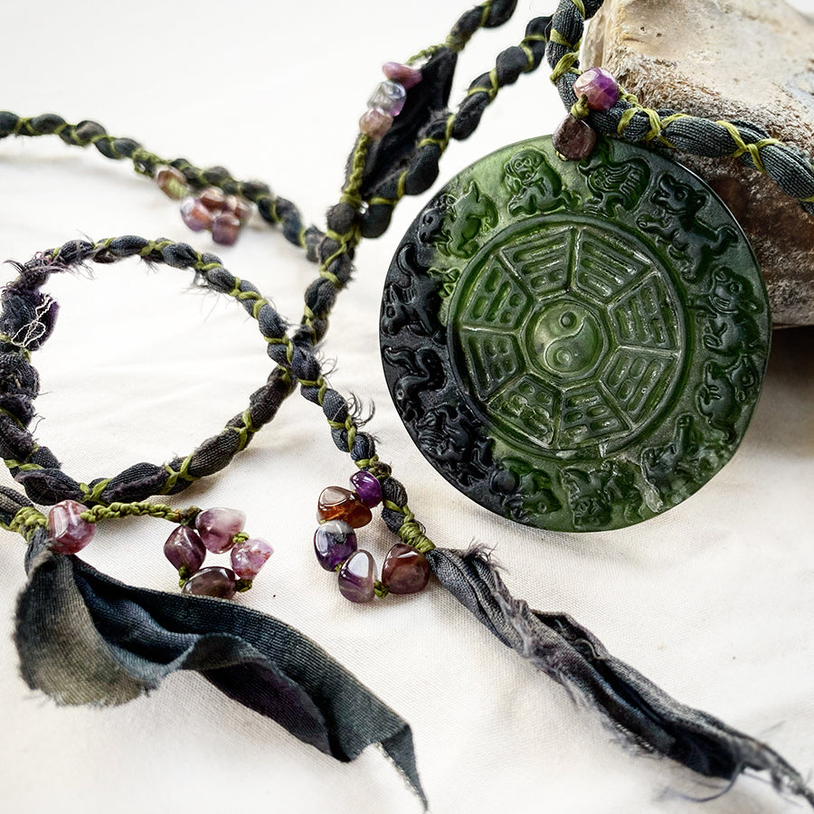 Carved Jade crystal healing talisman in silk braid with Amethyst ...