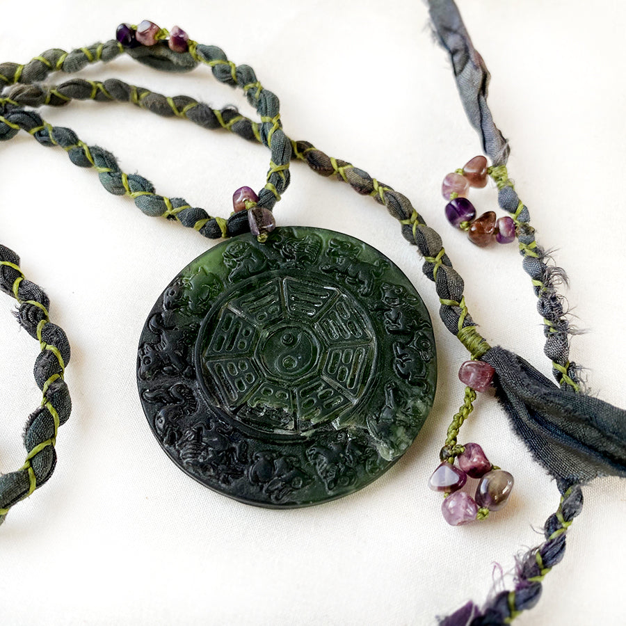 Carved Jade crystal healing talisman in silk braid with Amethyst ...