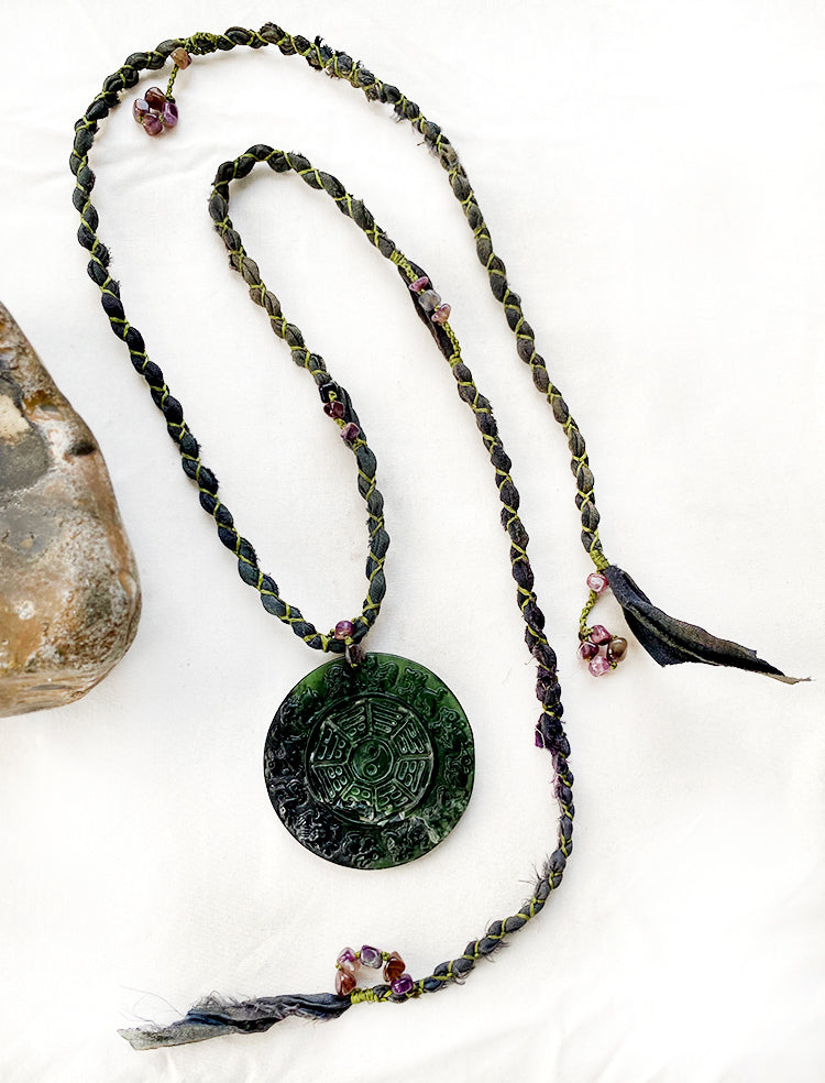 Carved Jade crystal healing talisman in silk braid with Amethyst ...
