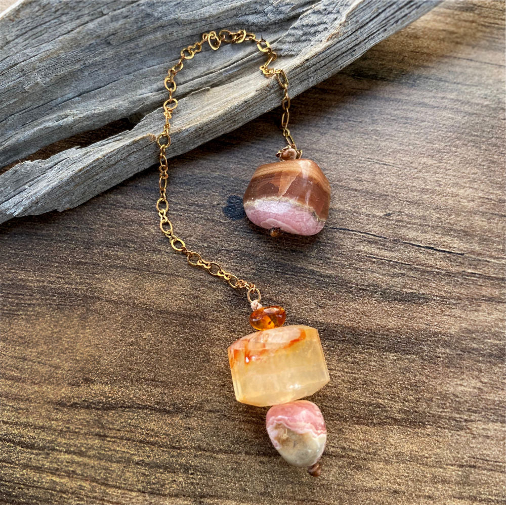 Pendulum with Golden Healer Quartz, Amber & Rhodochrosite – Spirit Carrier