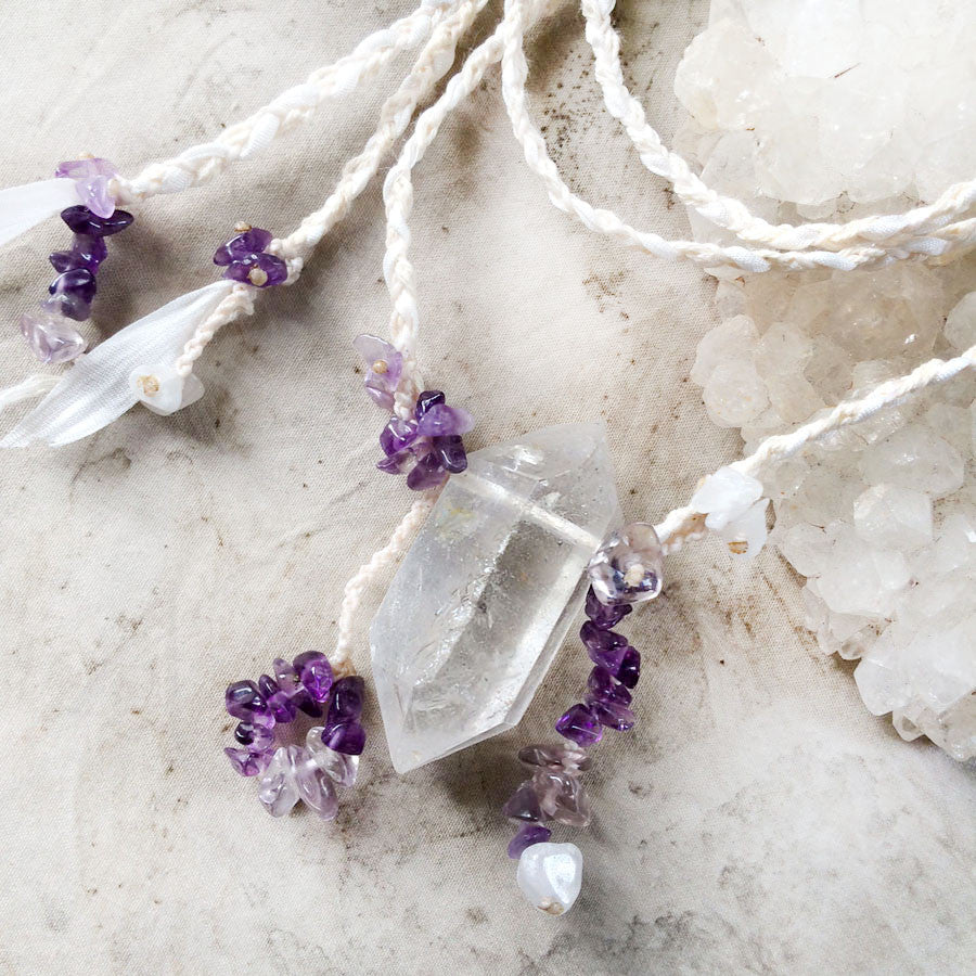 Sichuan Quartz crystal amulet with Amethyst & white Jade in silk & org ...